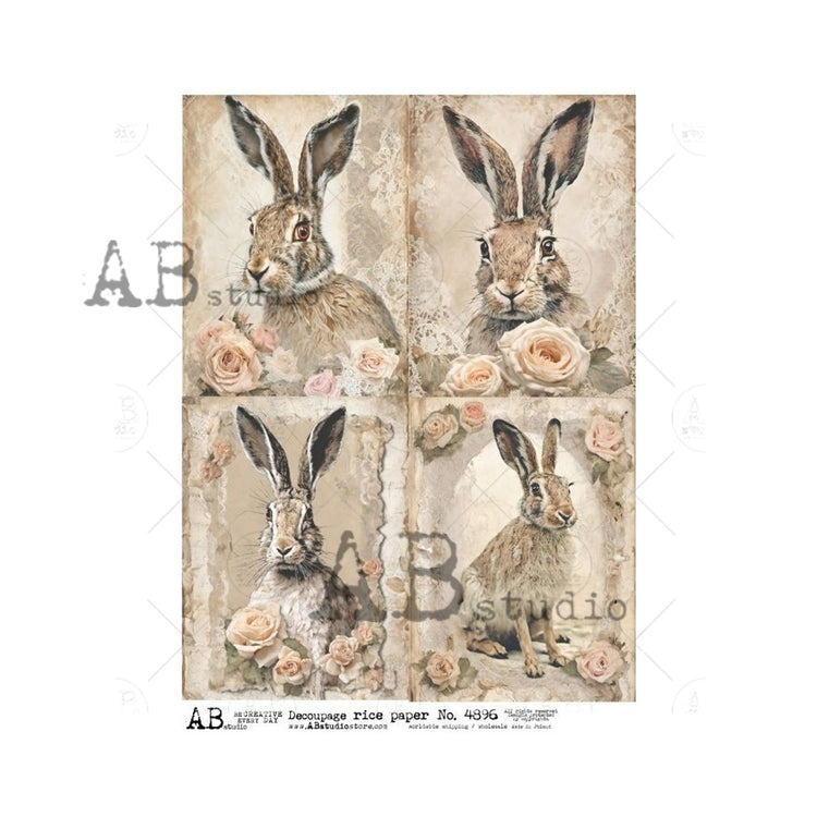 Four Shabby Chic Rabbits (#4896) Rice Paper- AB Studios Decoupage Quee ...